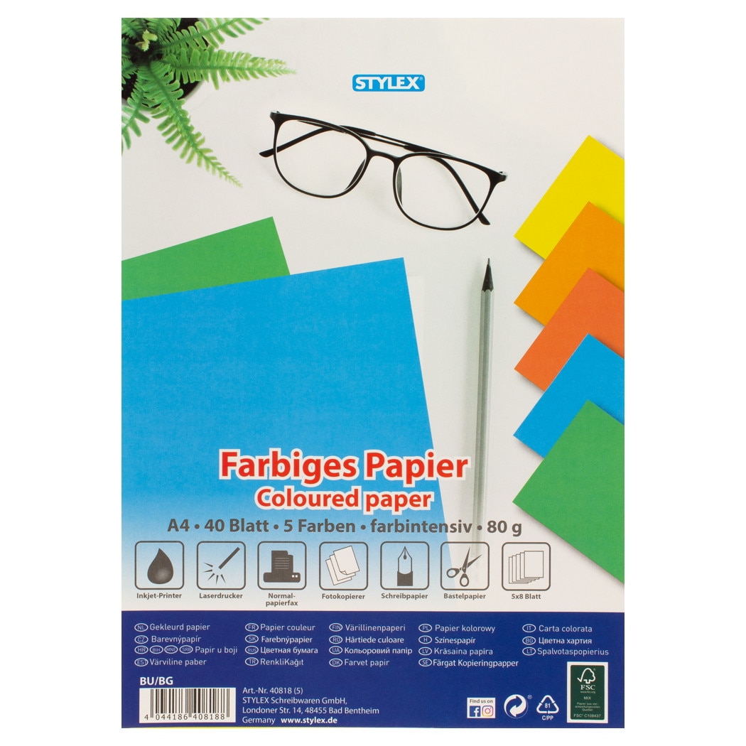 Set 40 coli hartie colorata Stylex A4, 5 culori intense - eMAG.ro