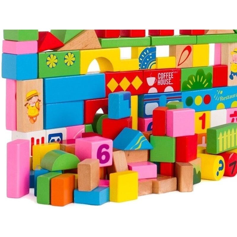 Set de constructie didactic pentru copii 158 piese din Lemn Natural ...