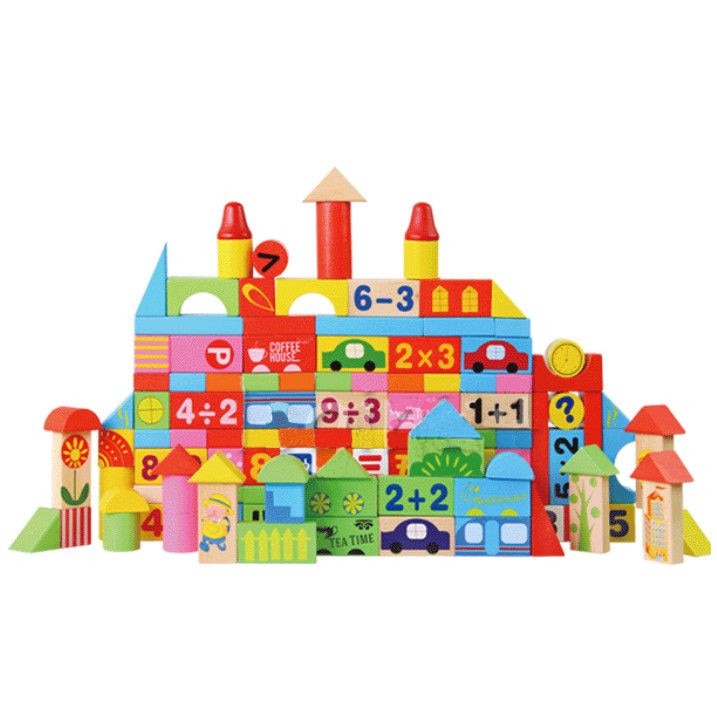 Set de constructie didactic pentru copii 128 piese din Lemn Natural ...