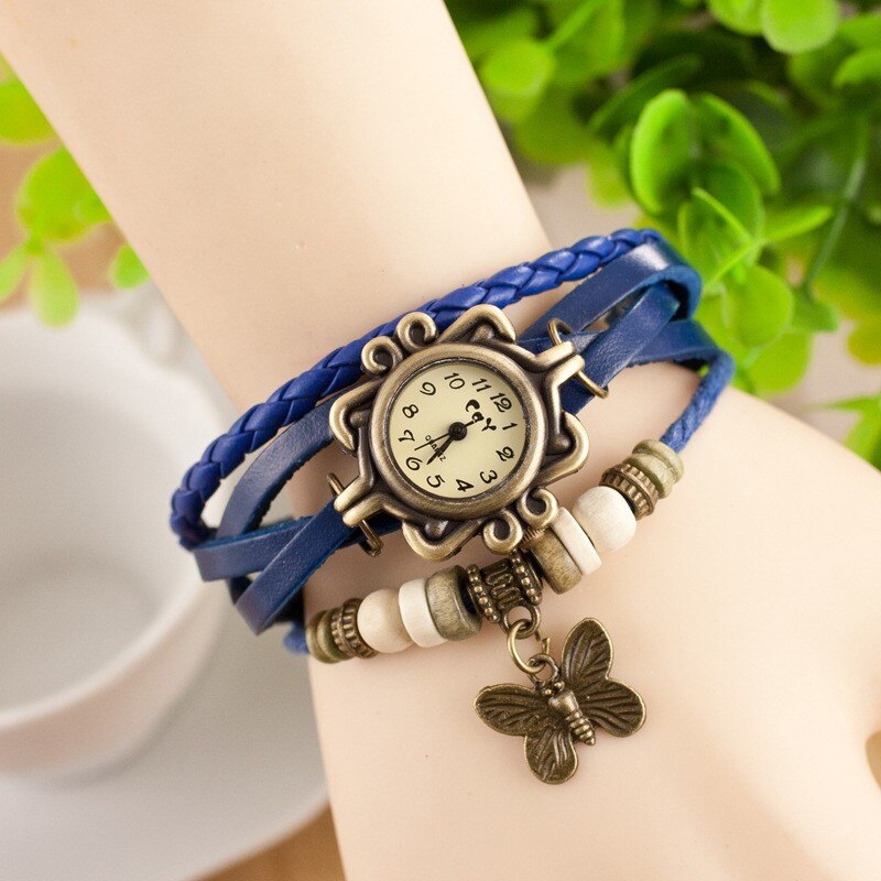 Ceas de dama stil retro / vintage cu pandant fluture - albastru - eMAG.ro