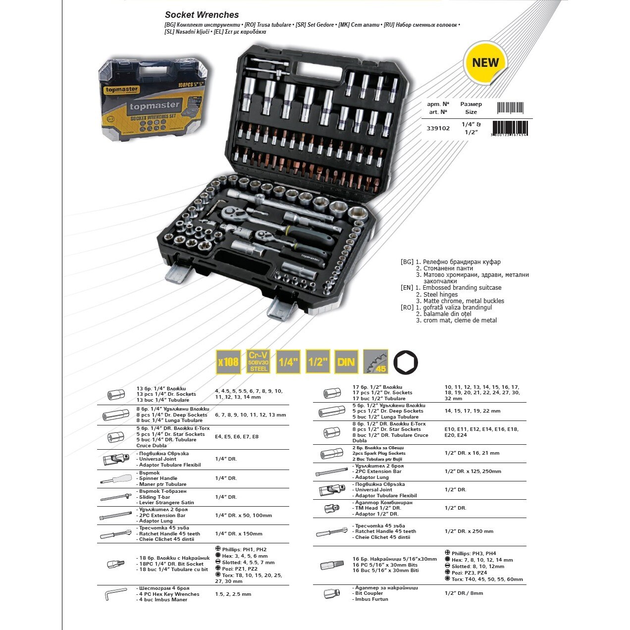 Trusa tubulare Cr-V 108 piese 1/4"&1/2" 4-32mm Topmaster Pro - eMAG.ro