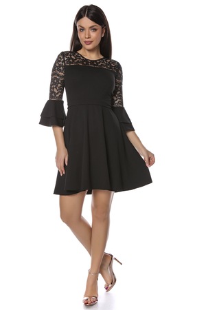 Rochie clos cu maneci clopot si dantela Camy, Negru, S - eMAG.ro