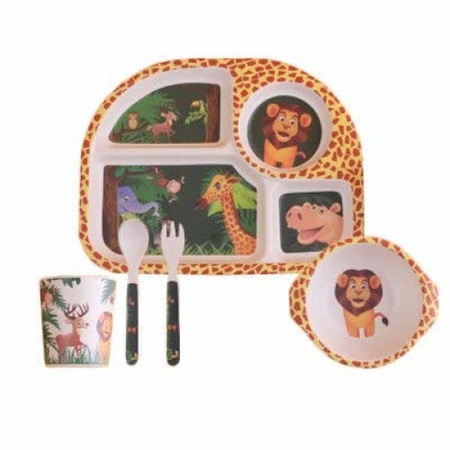 FizioTab® Kids Gyerek étkészlet 4 rekeszel, bambusz, 5db-os, Állatok ...