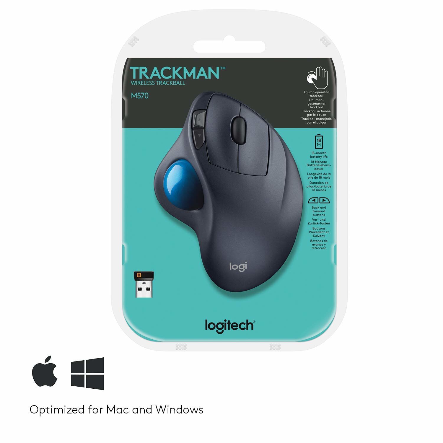 Mouse Logitech M570, Trackball Wireless, USB, Windows, Mac, UK Model ...