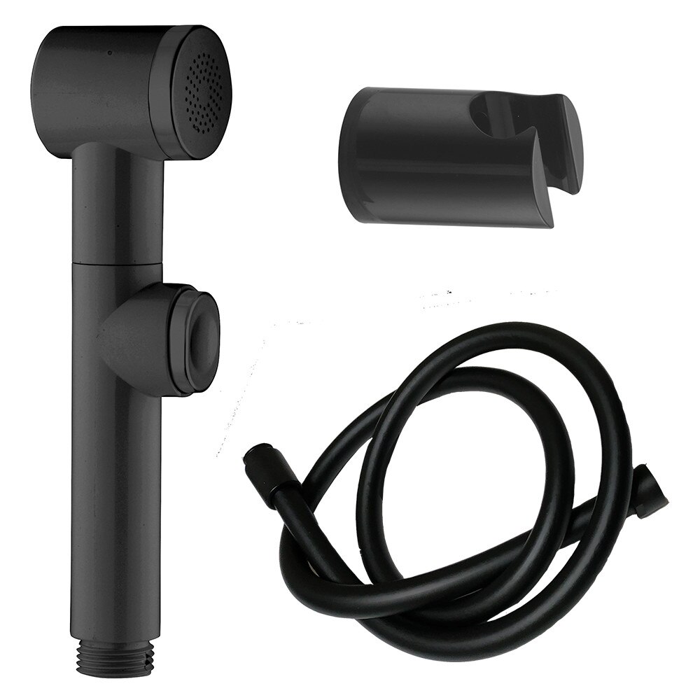 Set dus igienic rotund bidet in ABS Aida cu buton negru mat, suport fix ...