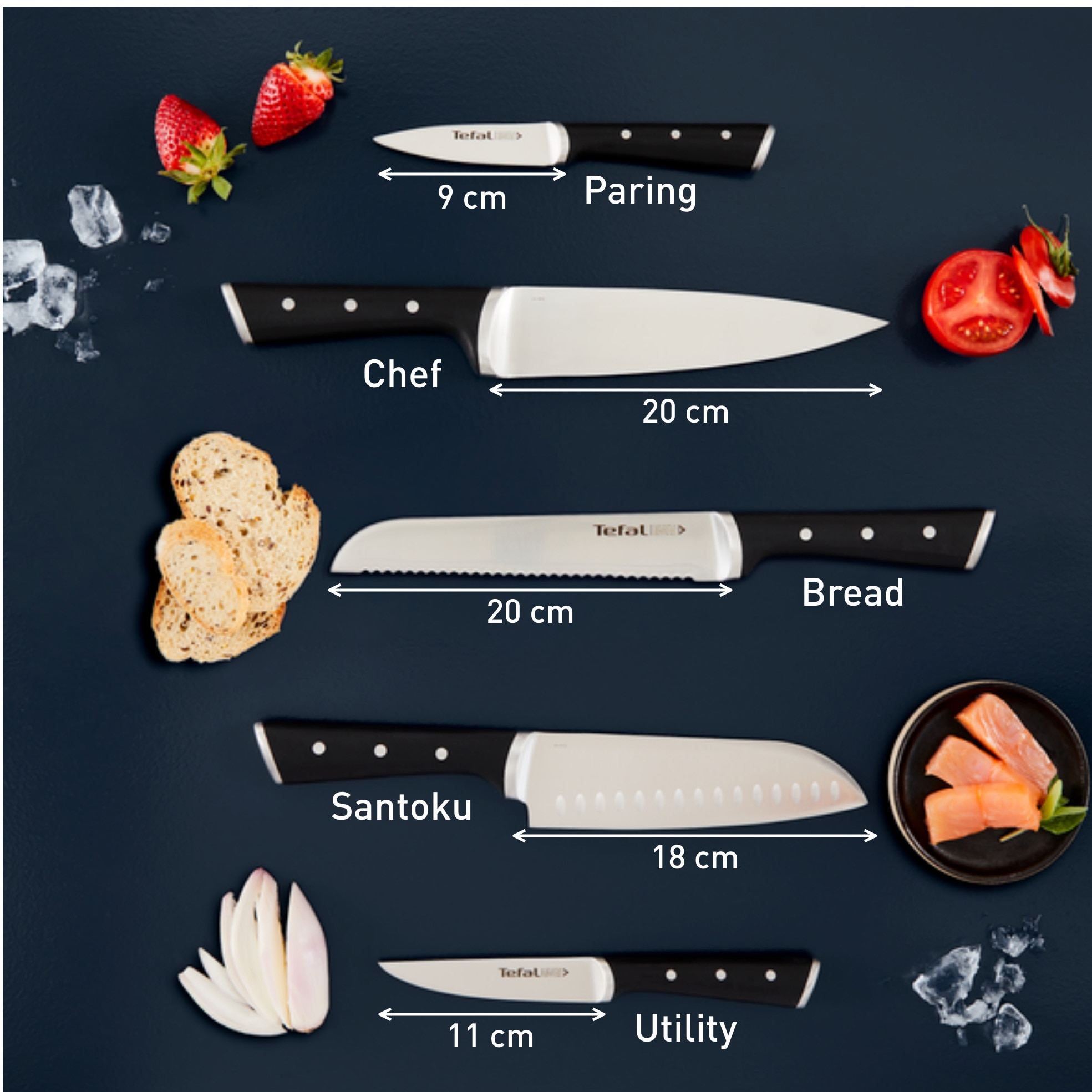 Set de 5 cutite Tefal Ice Force, suport lemn, cutit paine 20 cm ...