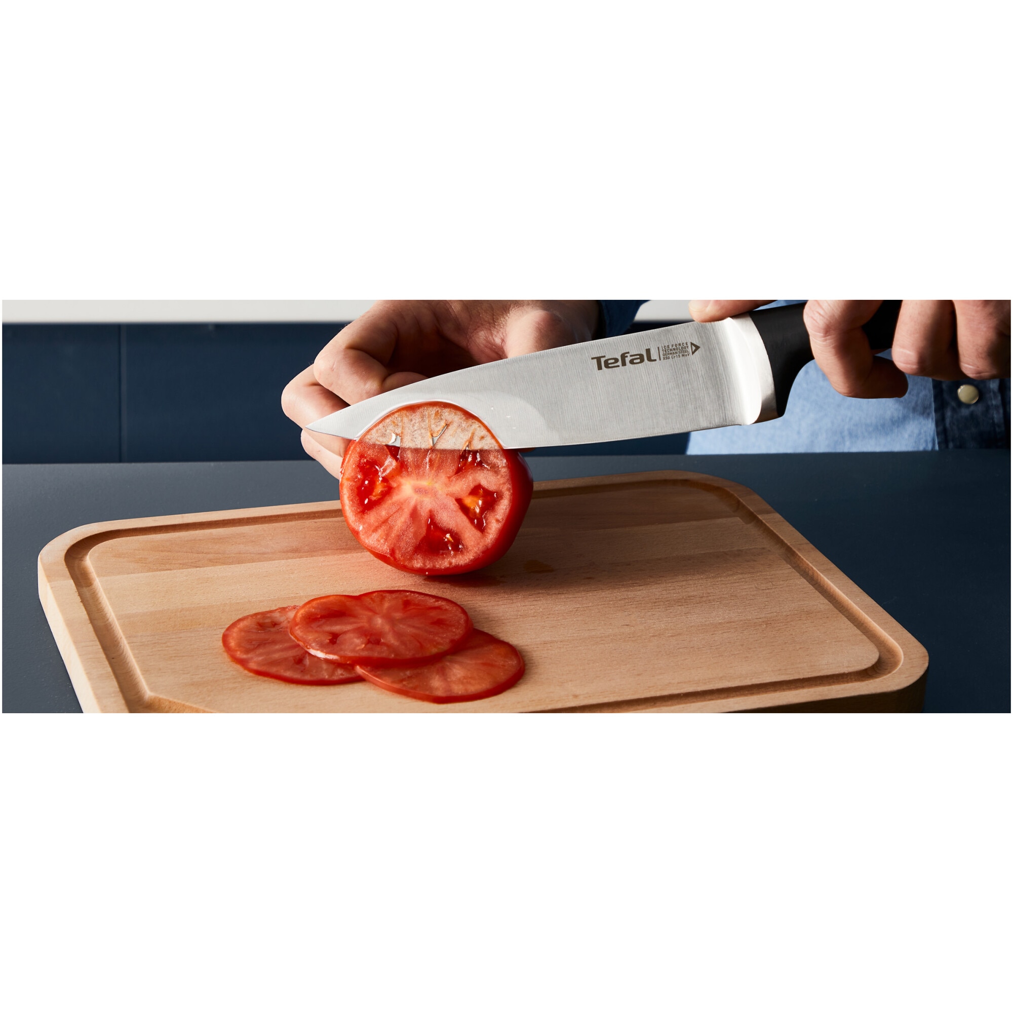 Set de 5 cutite Tefal Ice Force, suport lemn, cutit paine 20 cm ...