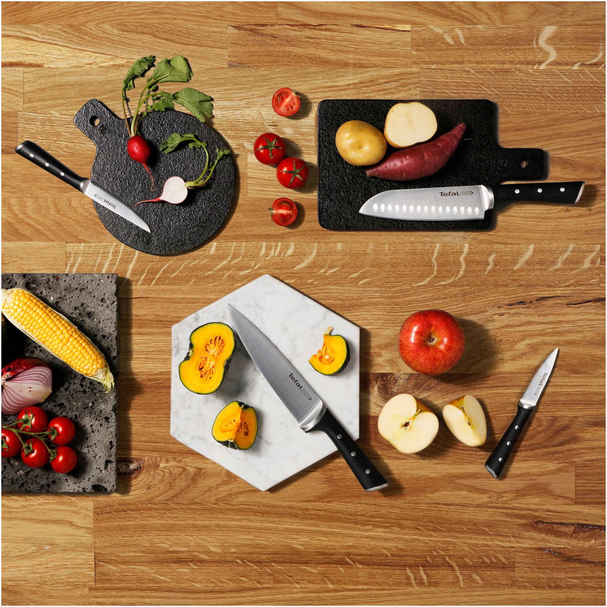 Set de 5 cutite Tefal Ice Force, suport lemn, cutit paine 20 cm ...