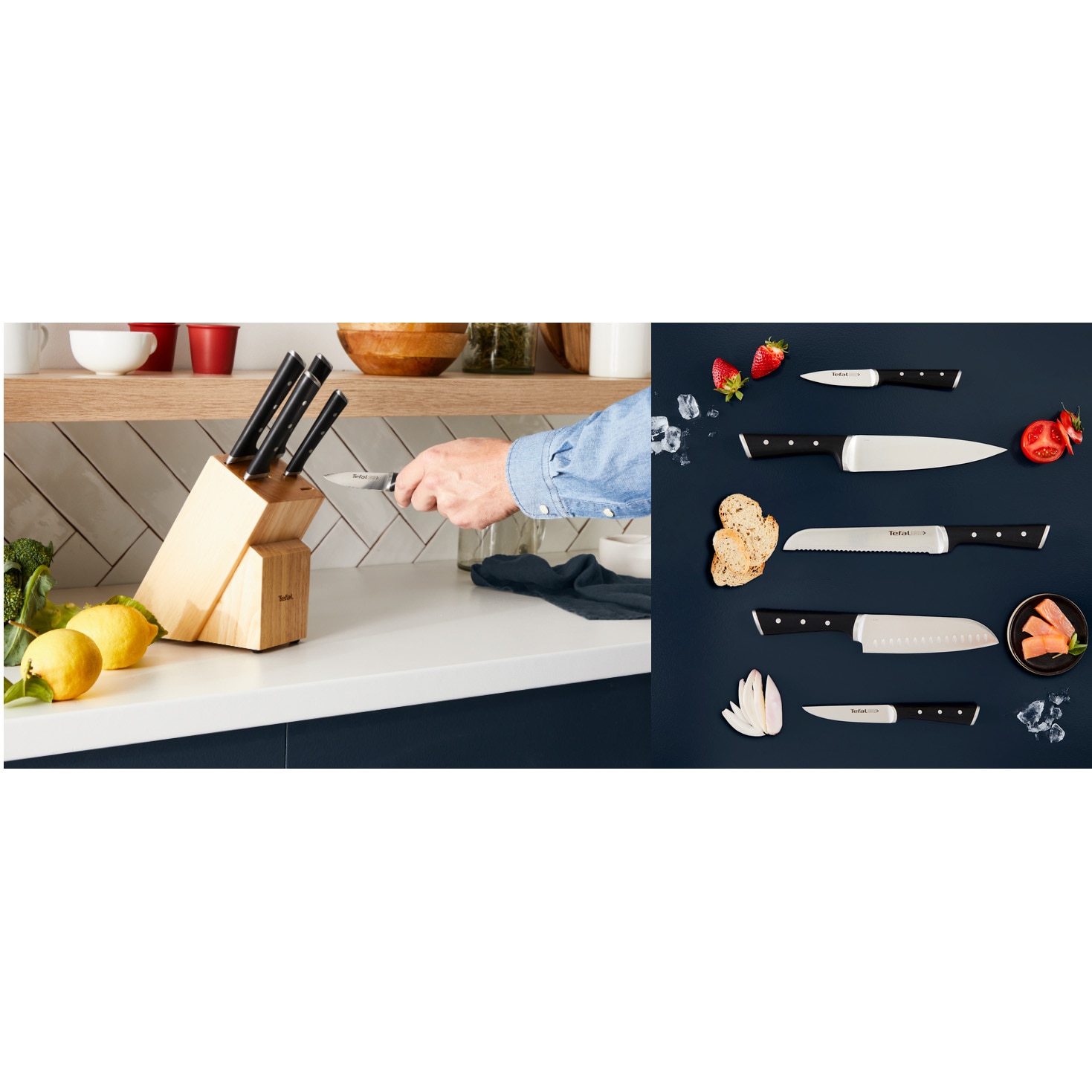 Set de 5 cutite Tefal Ice Force, suport lemn, cutit paine 20 cm ...