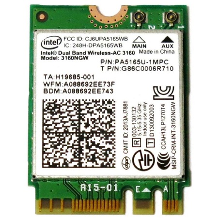 Intel® AC 3160 wireless adapter, Dual-Band, 1x1AC, M.2 Card + Bluetooth ...