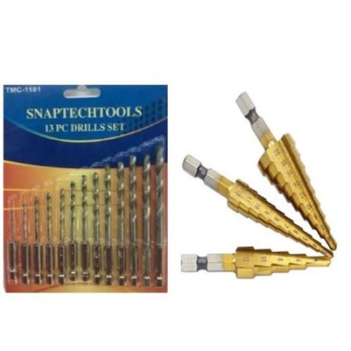 Kit Freza in trepte, burghiu,3-20 mm, set 3 bucati + Set burghie metal ...