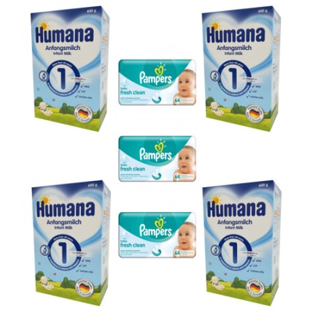 Pachet promotional 7 produse: 4 cutii de 600 grame lapte praf Humana 1 ...