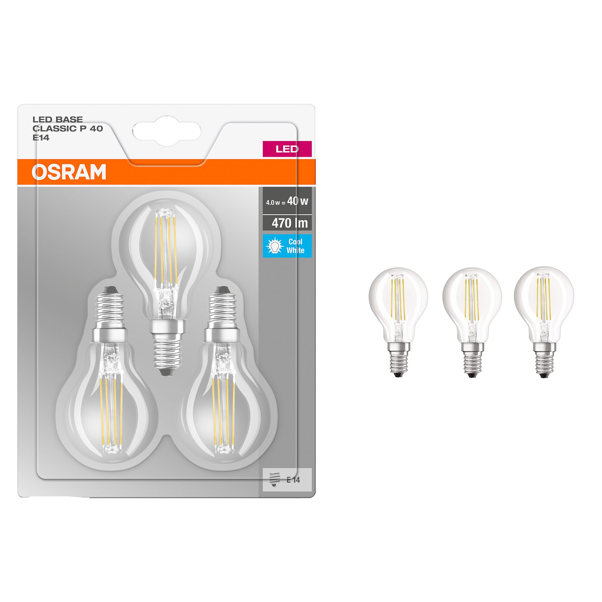 Set 3 becuri LED Osram P40, E14, 4W (40W), 470 lm, filament, lumina neutra - eMAG.ro