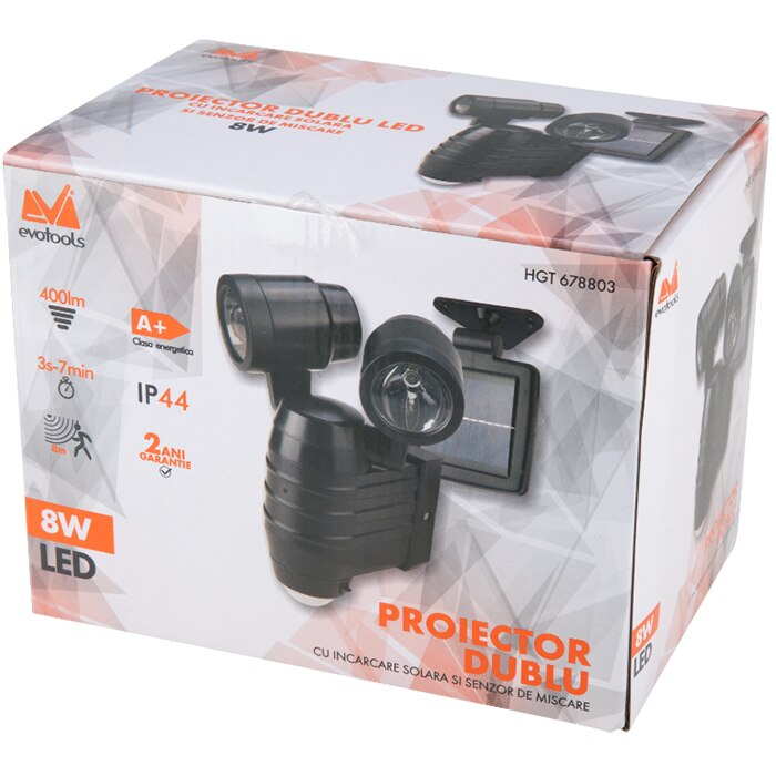 Proiector LED solar pentru exterior dublu Evotools HGT, senzor miscare ...