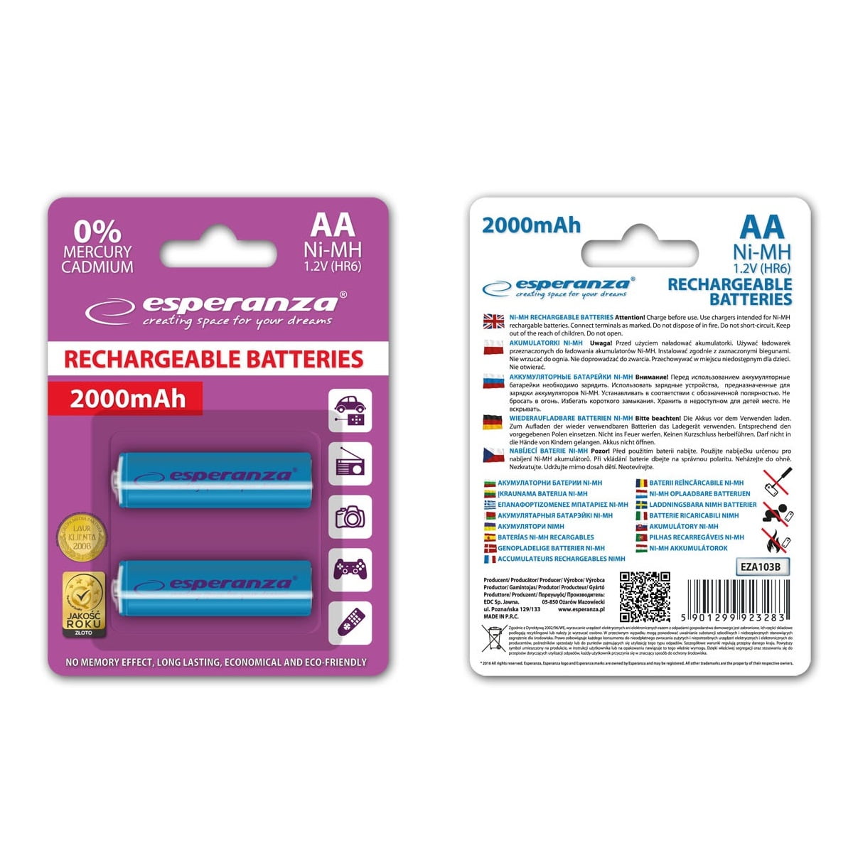 Set 2 acumulatori AA Ni-MH 2000mAh, Esperanza EZA103B - eMAG.ro