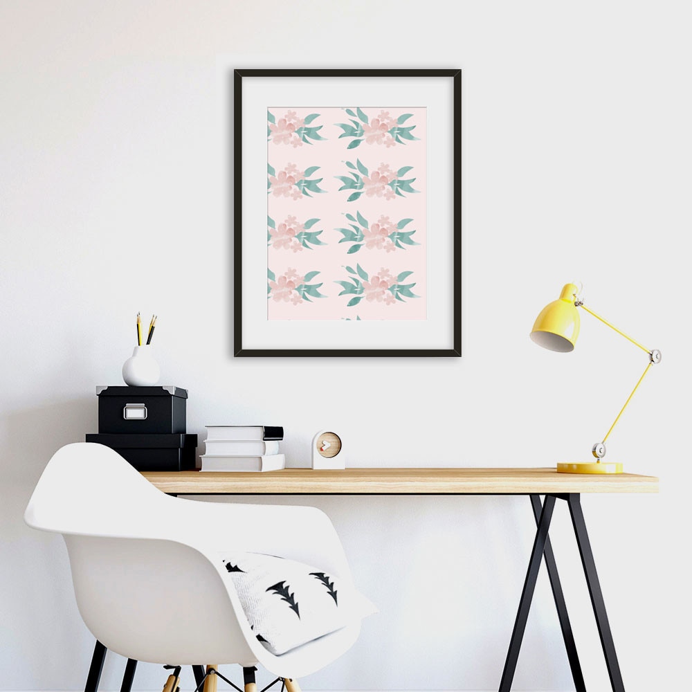 Tablou cu Rama de Lemn Neagra Buchet flori acuarela roz Pattern Arta ...