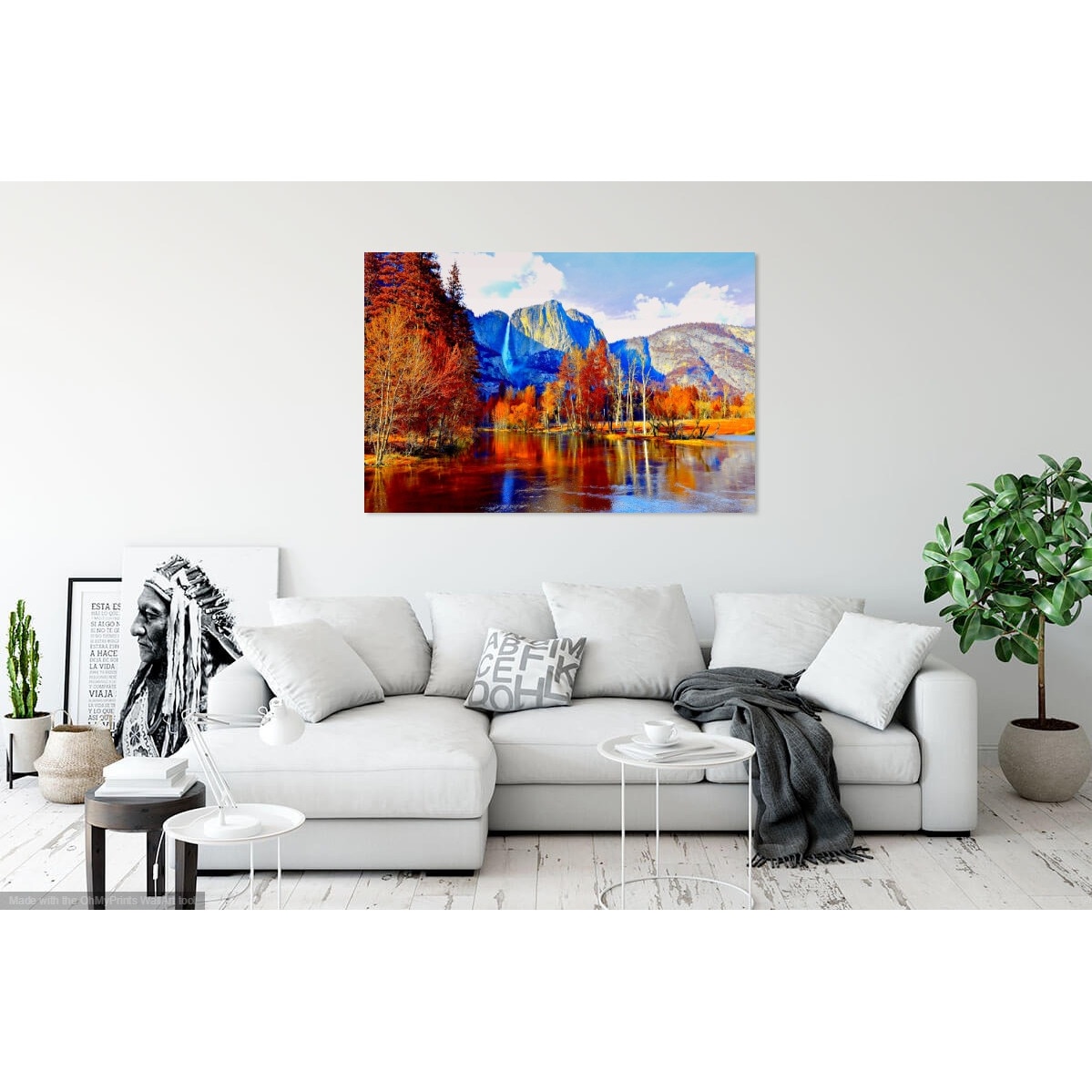 Картина на платно, есен, дървета, планини, езеро, 90 x 60 см, дървена ...