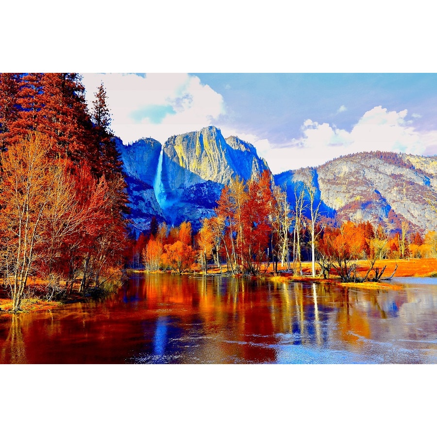 Картина на платно, есен, дървета, планини, езеро, 90 x 60 см, дървена ...