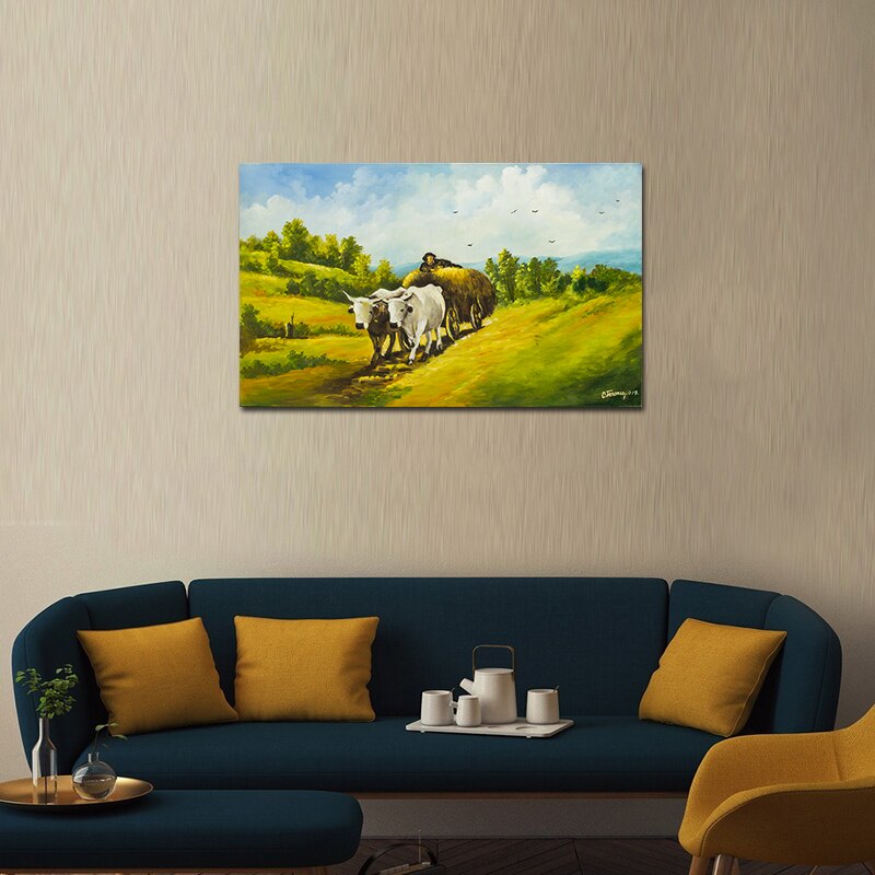 Tablou pictat manual - Car cu boi - pictura ulei pe panza 100x60cm reproducere Nicolae ...