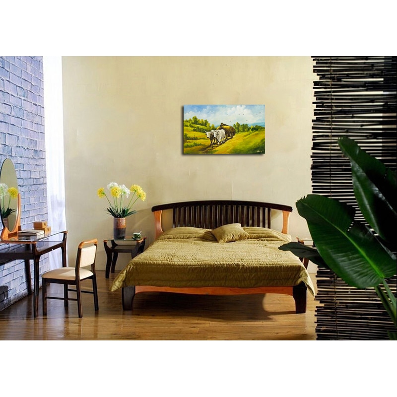 Tablou pictat manual - Car cu boi - pictura ulei pe panza 100x60cm reproducere Nicolae ...