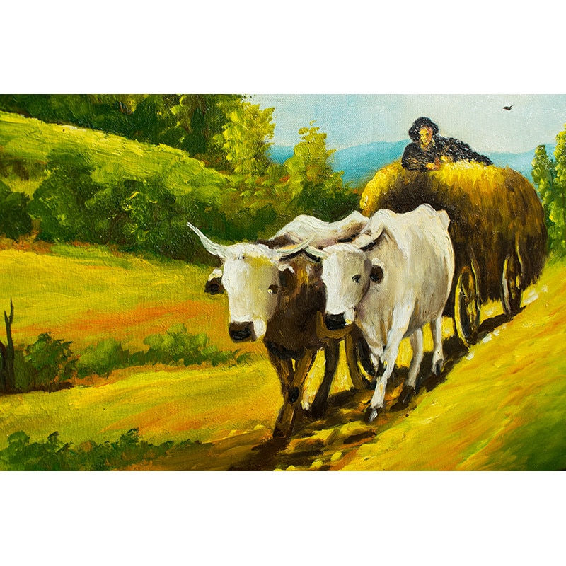 Tablou pictat manual - Car cu boi - pictura ulei pe panza 100x60cm reproducere Nicolae ...