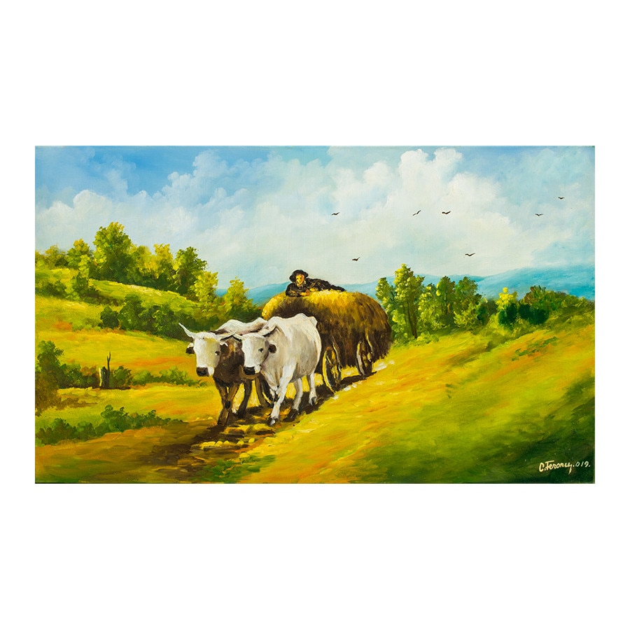 Tablou pictat manual - Car cu boi - pictura ulei pe panza 100x60cm reproducere Nicolae ...