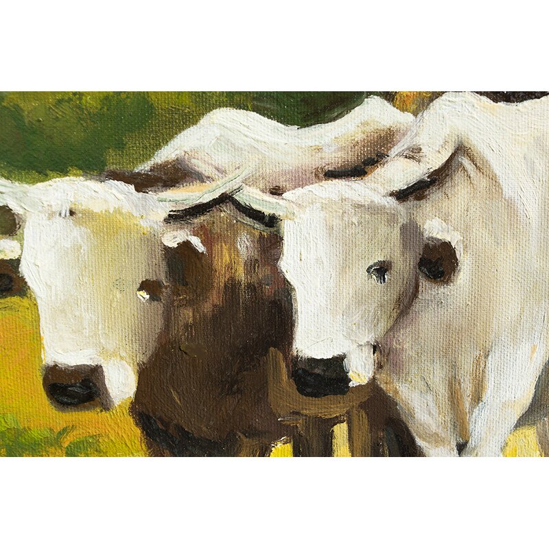 Tablou pictat manual - Car cu boi - pictura ulei pe panza 100x60cm reproducere Nicolae ...