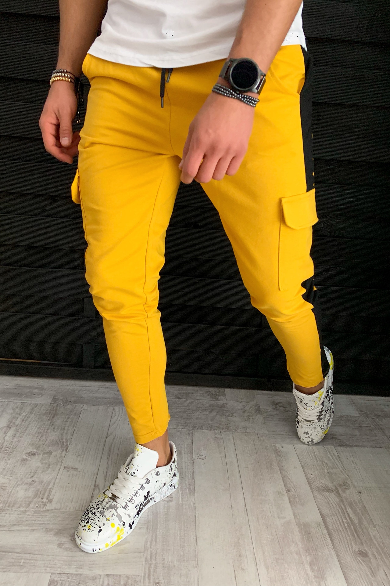 Pantaloni de trening, galben, pentru barbati, slim fit, cu buzunare ...