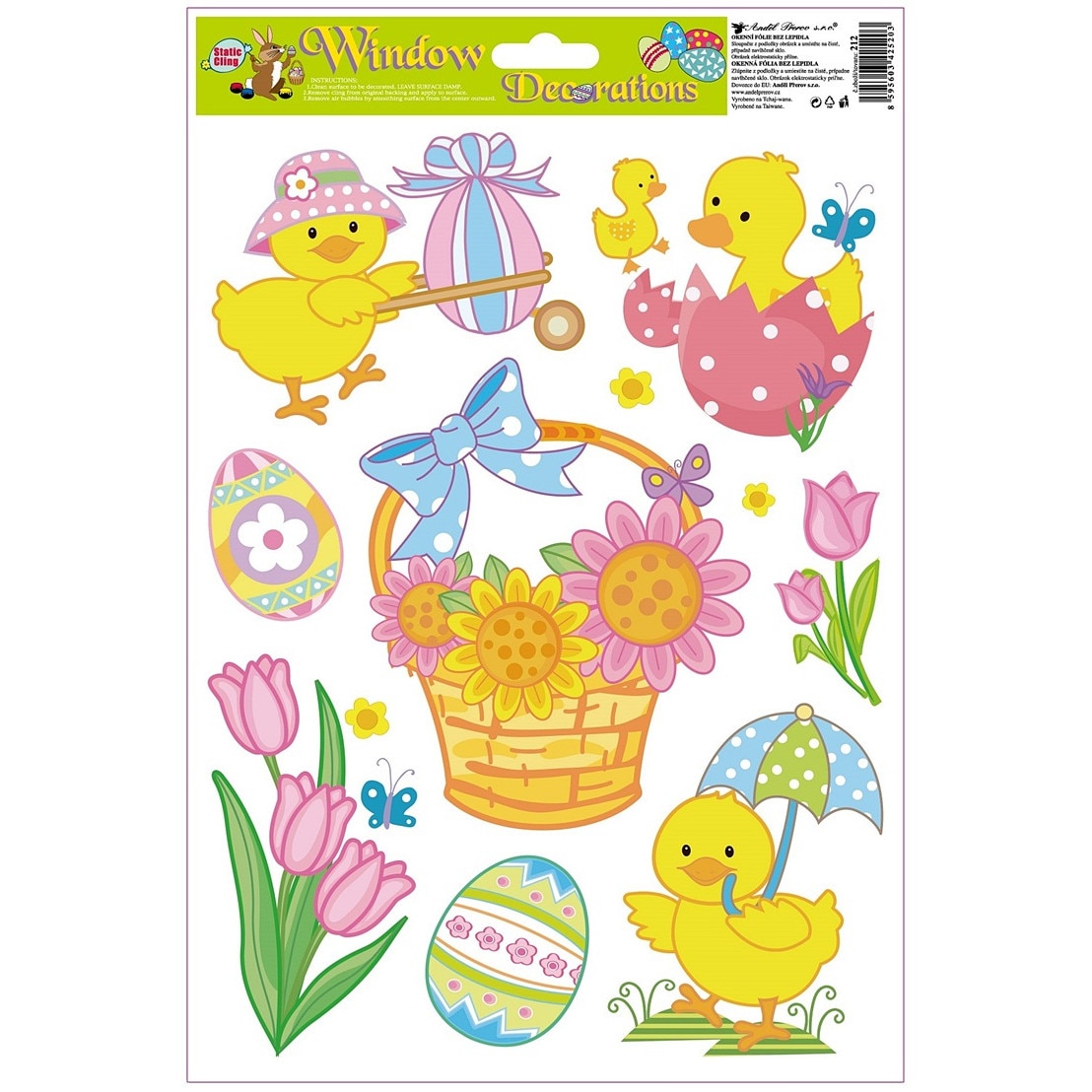 Sticker pentru geam cu sclipici, Pasti - cosul cu florii si puisori, 27 ...