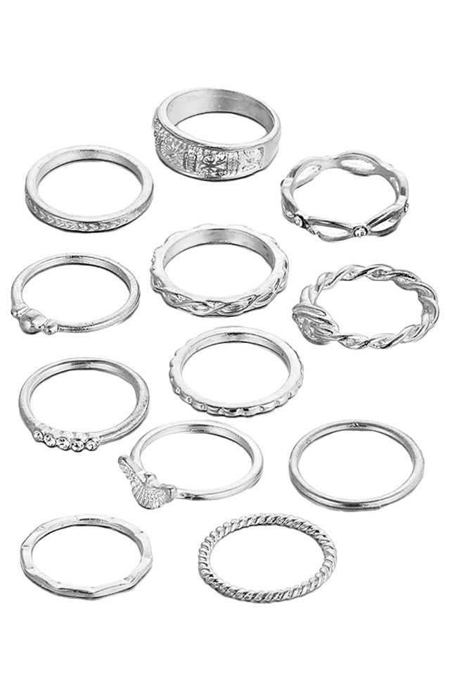 Set 12 inele subtiri, Aquila, modele variate, rasucite, Argintiu - eMAG.ro