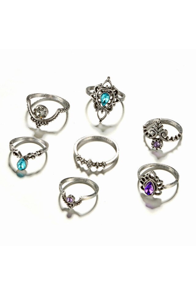 Set 7 inele midi, cu cristale colorate si modele florale, Argintiu ...