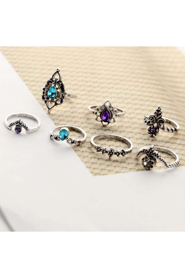 Set 7 inele midi, cu cristale colorate si modele florale, Argintiu ...