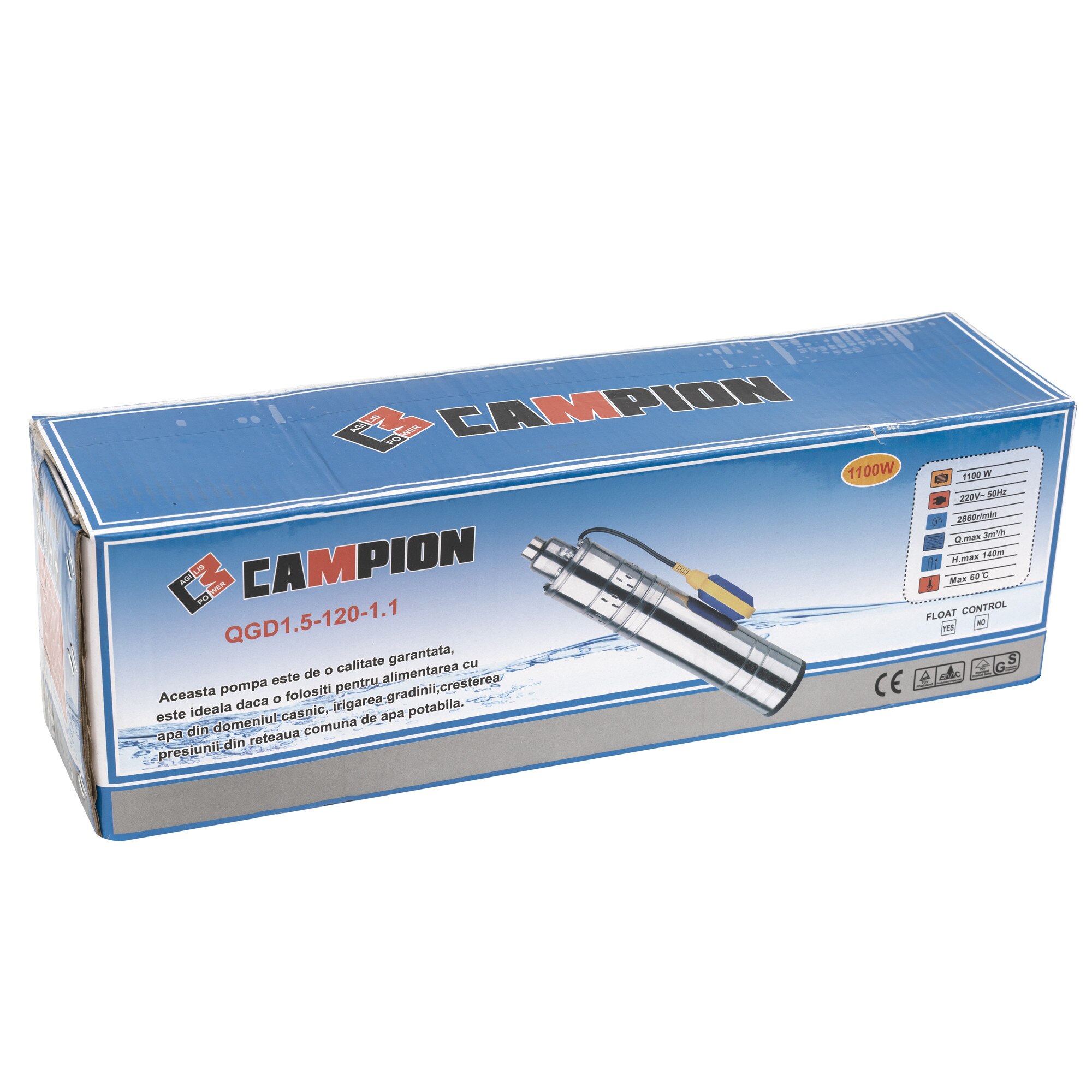 Pompa apa submersibila 1.1KW, 3m3/h, 140m, cu flotor CAMPION QGD1.5-120 ...