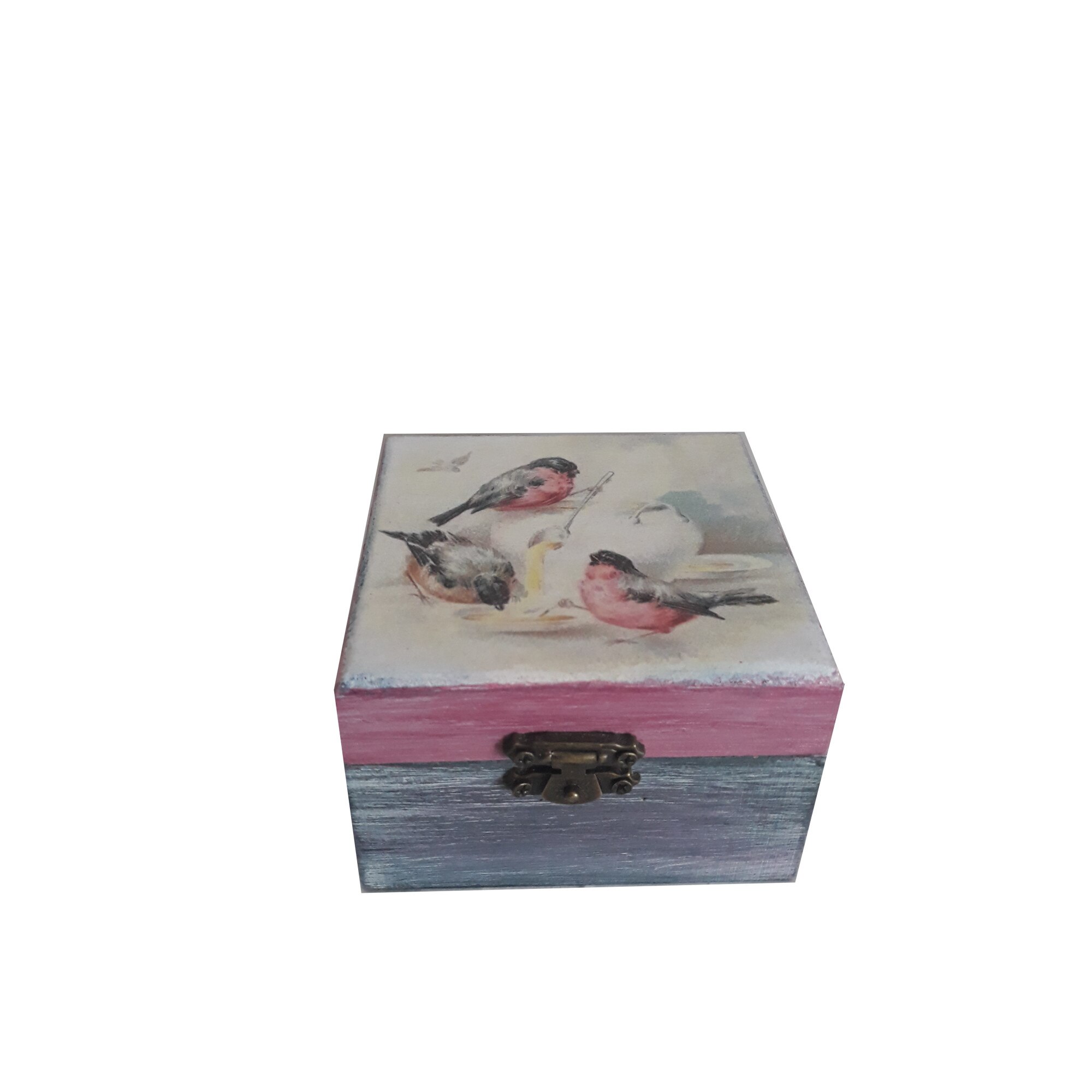 Cutie din lemn,patrata,decorata manual ,cu pasari roz,unicat - eMAG.ro
