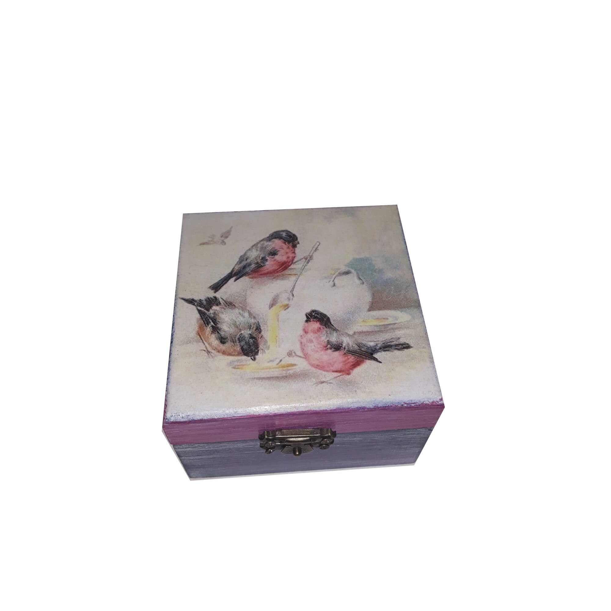 Cutie din lemn,patrata,decorata manual ,cu pasari roz,unicat - eMAG.ro