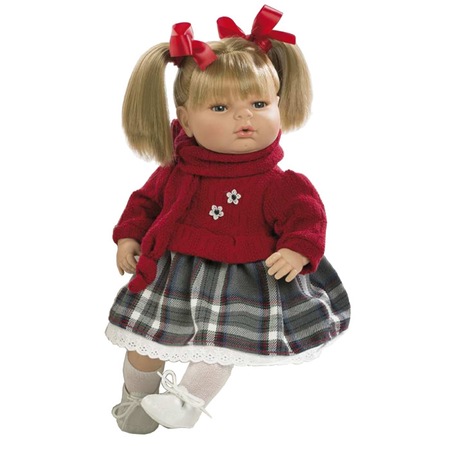 Papusa interactiva Maria cu pulover rosu si fustita ecosez, 42 cm ...