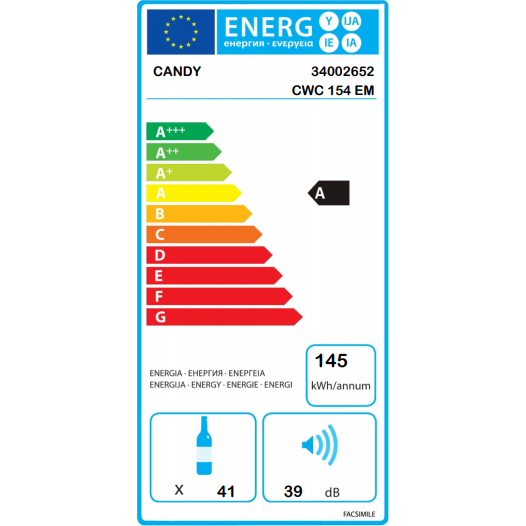 Vitrina de vinuri Candy CWC 154 EM, Capacitate 41 sticle, Iluminare LED ...