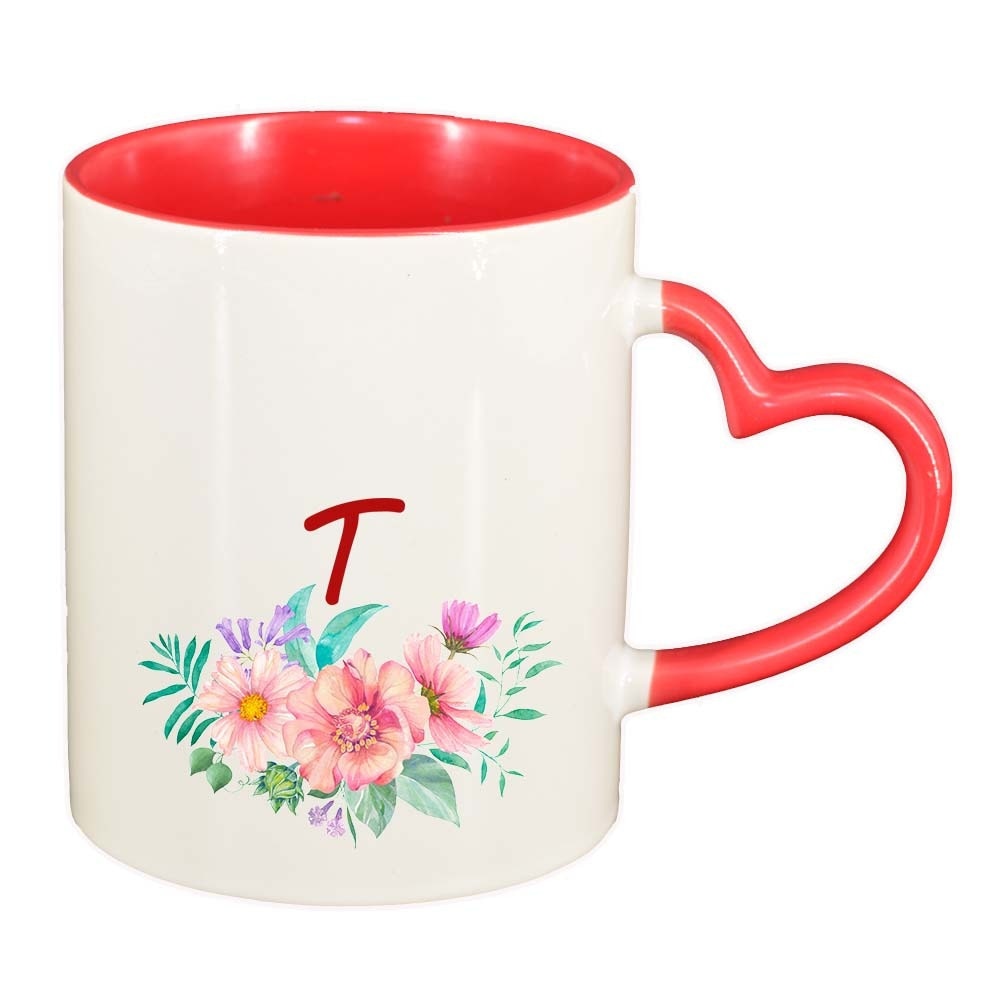 Cana "Flori cu alfabet", interior rosu, maner inima, 330ml, D950 - eMAG.ro