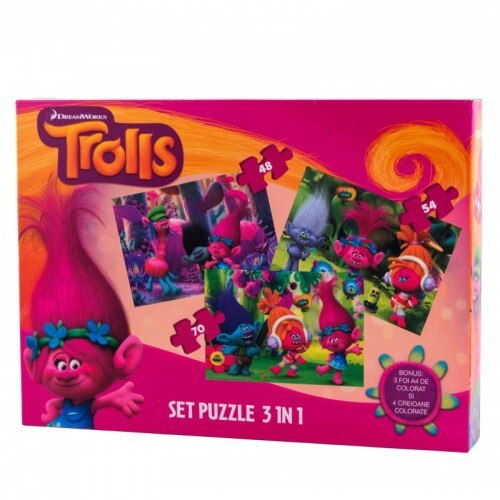 Puzzle 3 in 1 Trolls + Caiet de colorat cu sabloane - eMAG.ro