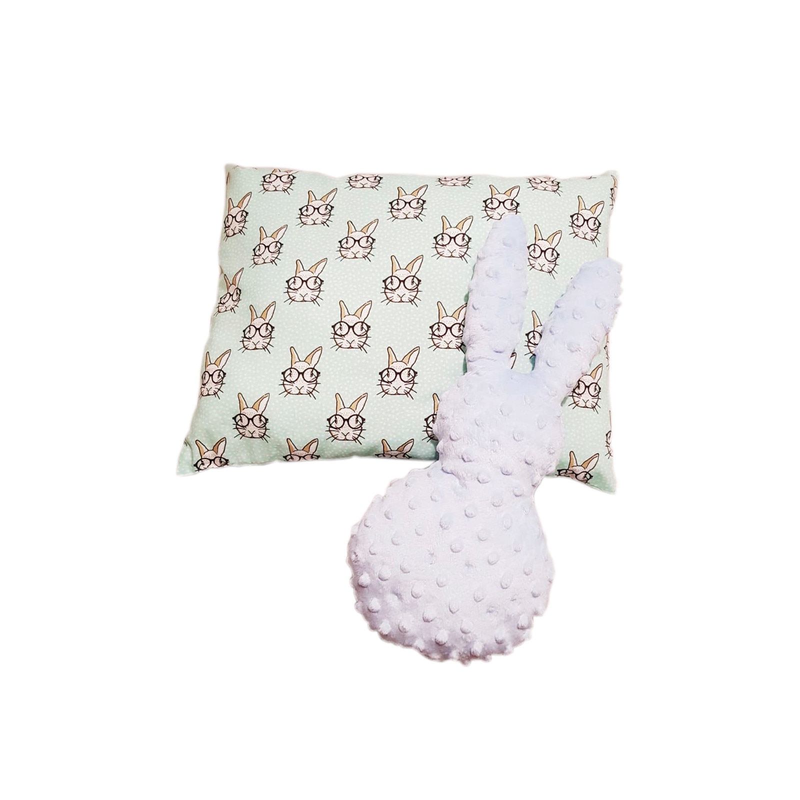 Set Decorativ Handmade, cu Perna Verde Menta si Iepuras Bleu, Le Petit ...