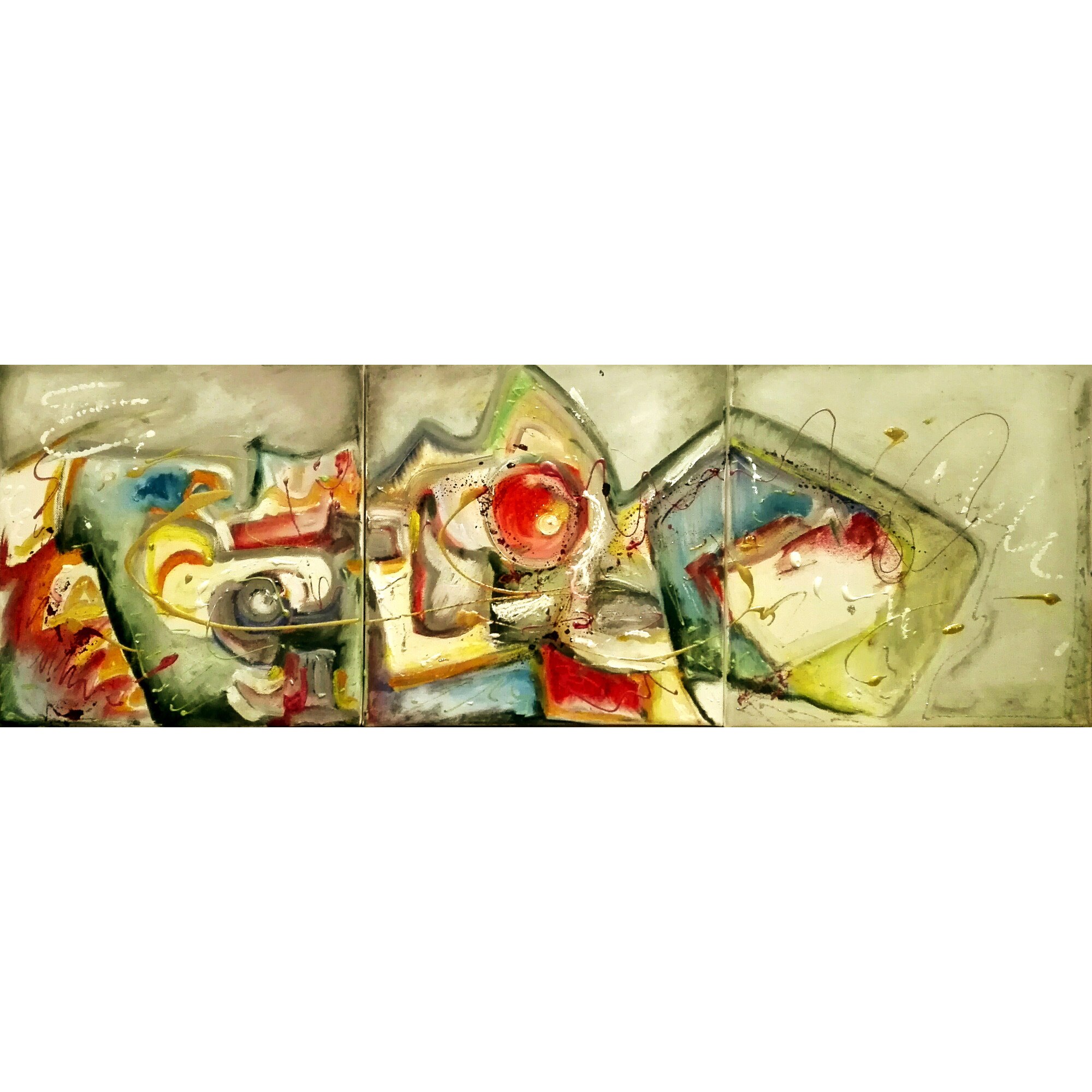 Set 3 tablouri abstracte "Compozitie", 90 x 30cm, pictat manual de ...