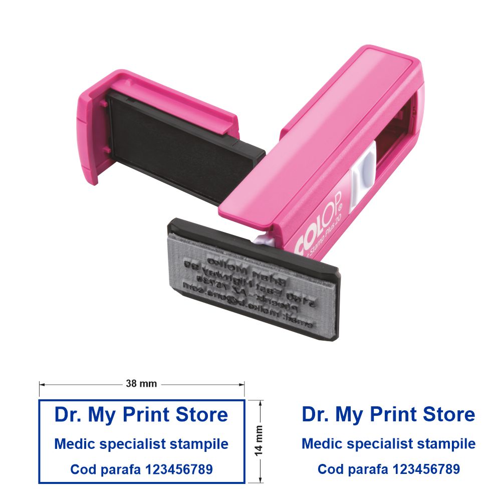 Stampila buzunar Colop PS Plus 20, parafa medic, tus albastru, 14 x 38 mm, culoare roz - eMAG.ro