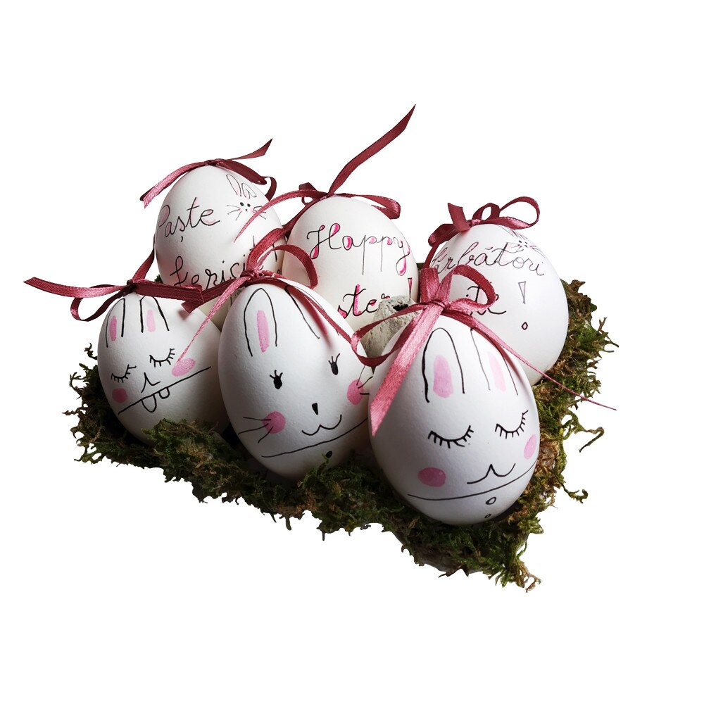 Set de sase oua, Ambient Box, albe, scrise si desenate manual, pentru ...