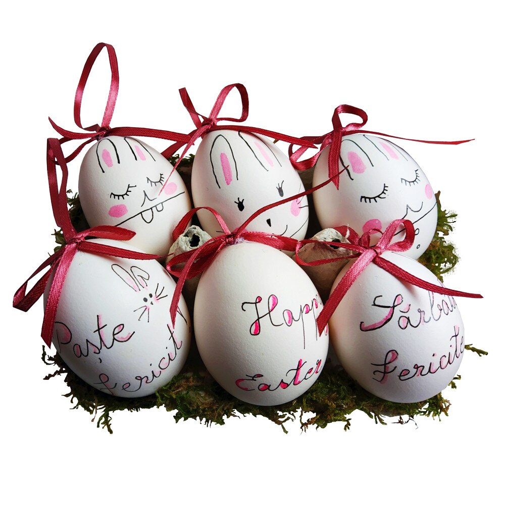 Set de sase oua, Ambient Box, albe, scrise si desenate manual, pentru ...