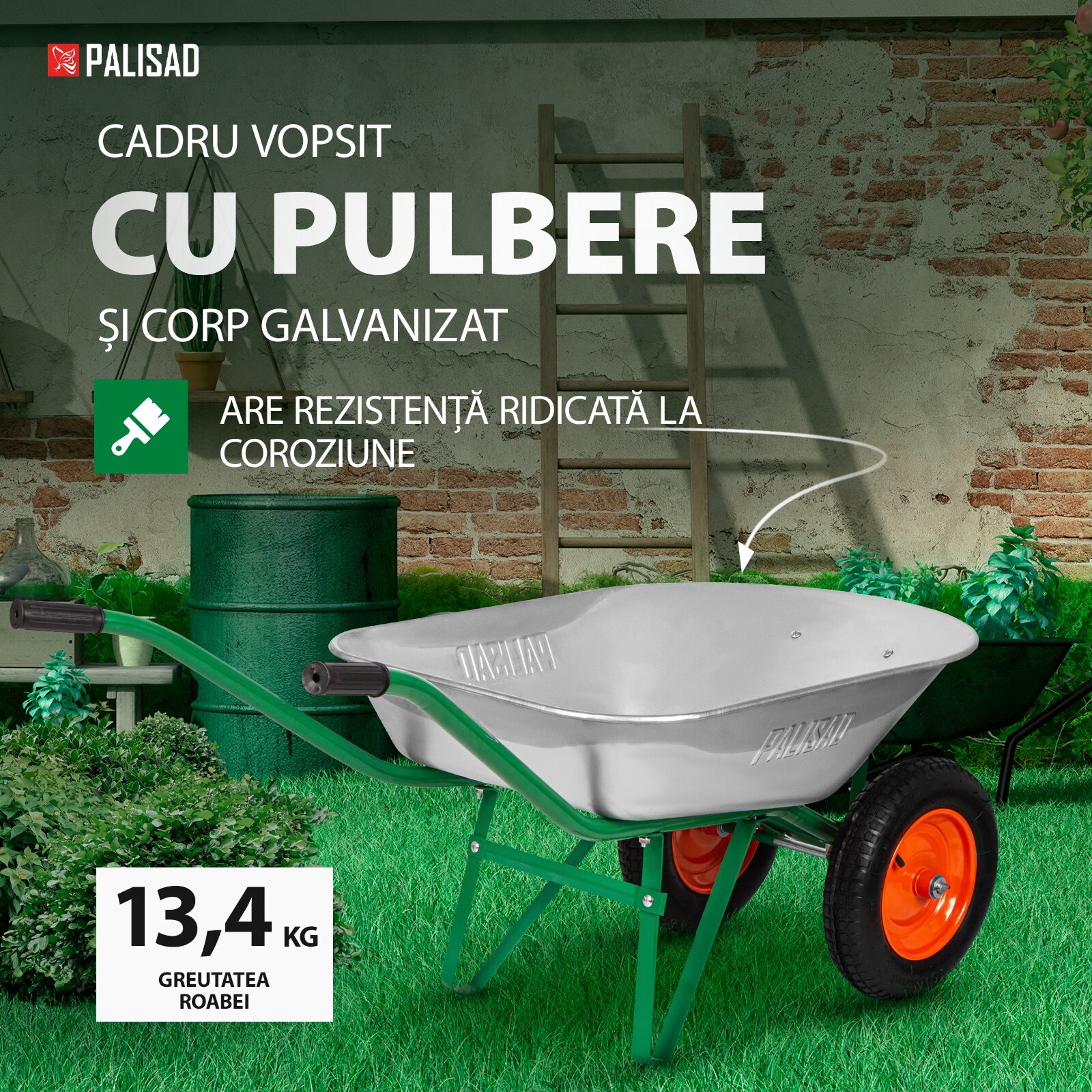 Roaba de gradina, capacitate de 170 kg, volum de 78 L, 2 roti, PALISAD ...