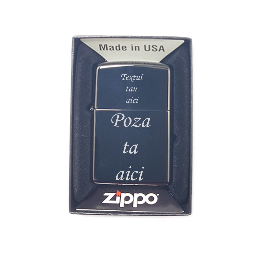 Bricheta metalica Zippo chrome high polish neagra personalizata cu poza ...