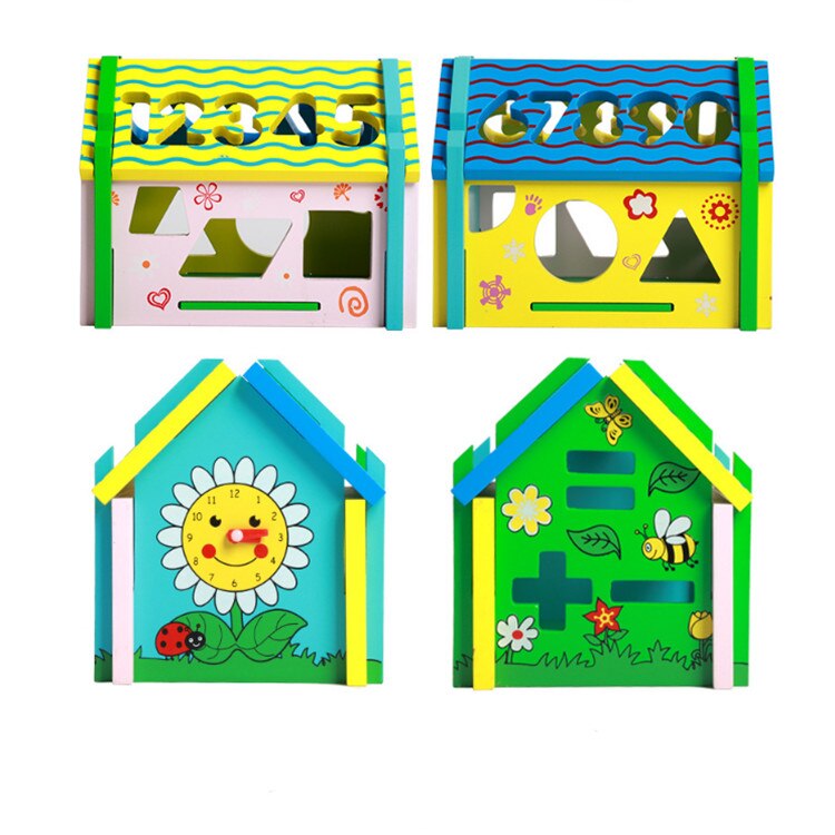 Casuta din lemn educativa cu cifre, forme si ceas, Multicolora - eMAG.ro