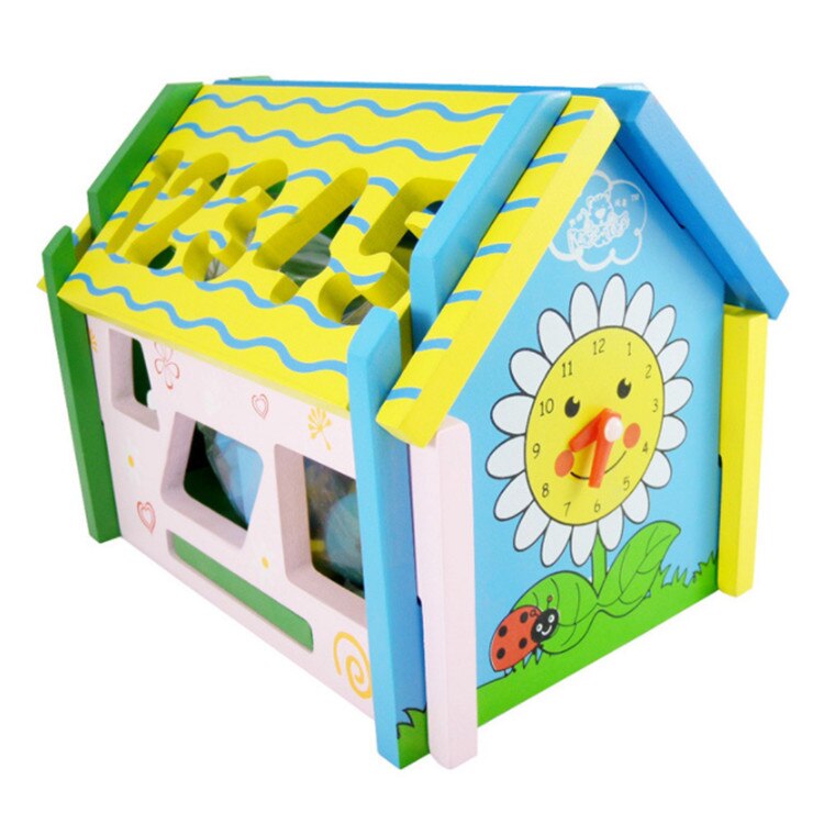 Casuta din lemn educativa cu cifre, forme si ceas, Multicolora - eMAG.ro