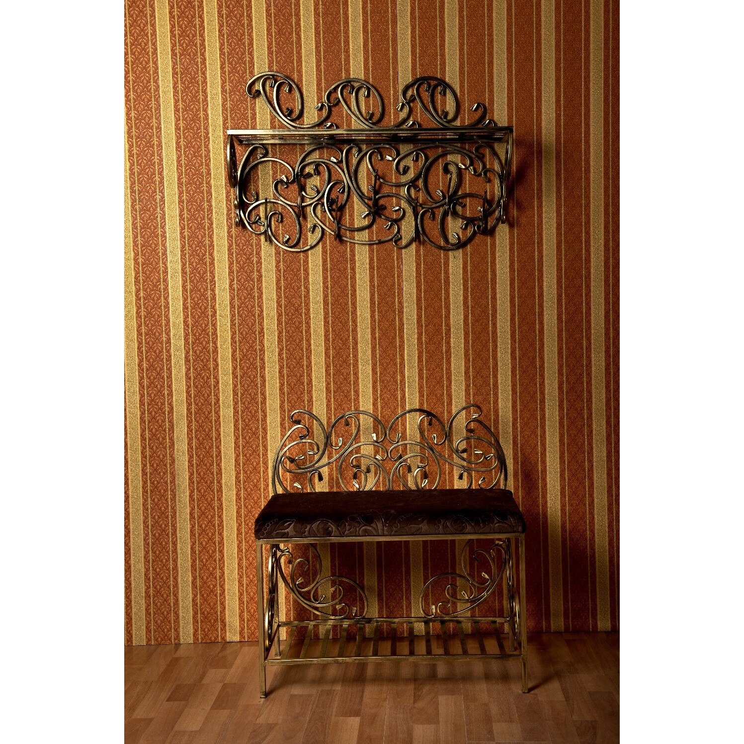 Set de cuier, Premiamob, cuier si bancheta din metal, vintage, auriu ...