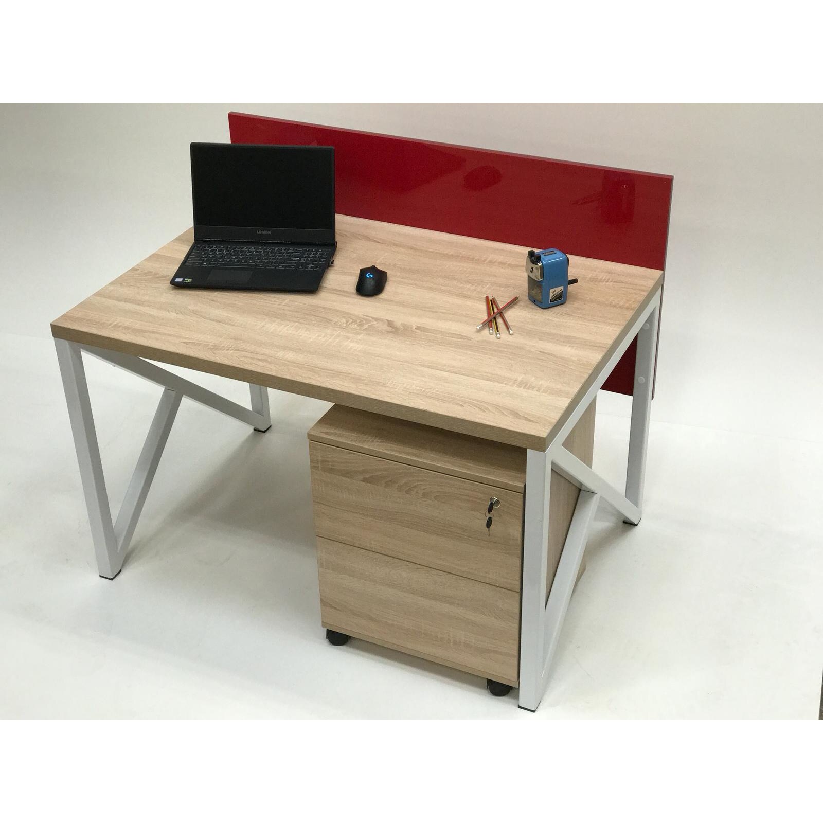 Set Birou + rollbox MDI, select finisaj stejar Hamilton, rosu lucios si ...